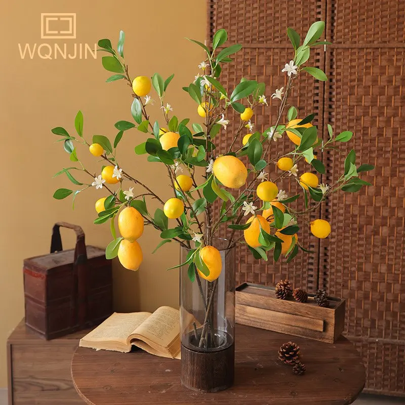 Luxury-Lemon-Fruit-Branch-With-Green-Leaves-Artificial-Flowers-Home ...