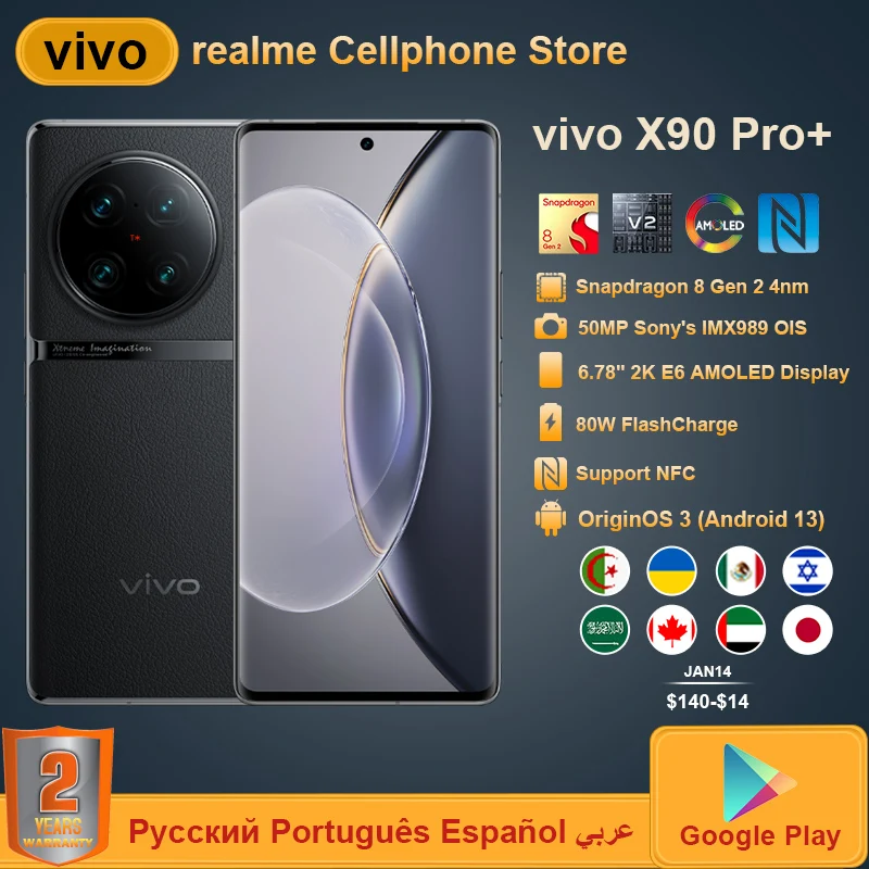 Vivo x90 pro plus 5g telefone móvel snapdragon 8gen2 2k e6 amoled 80w carga 50w wirelesscharge ...