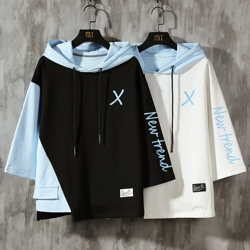 American Retro Half Sleeve Hoodies T-shirt Sweatshirts Men Hooded ...