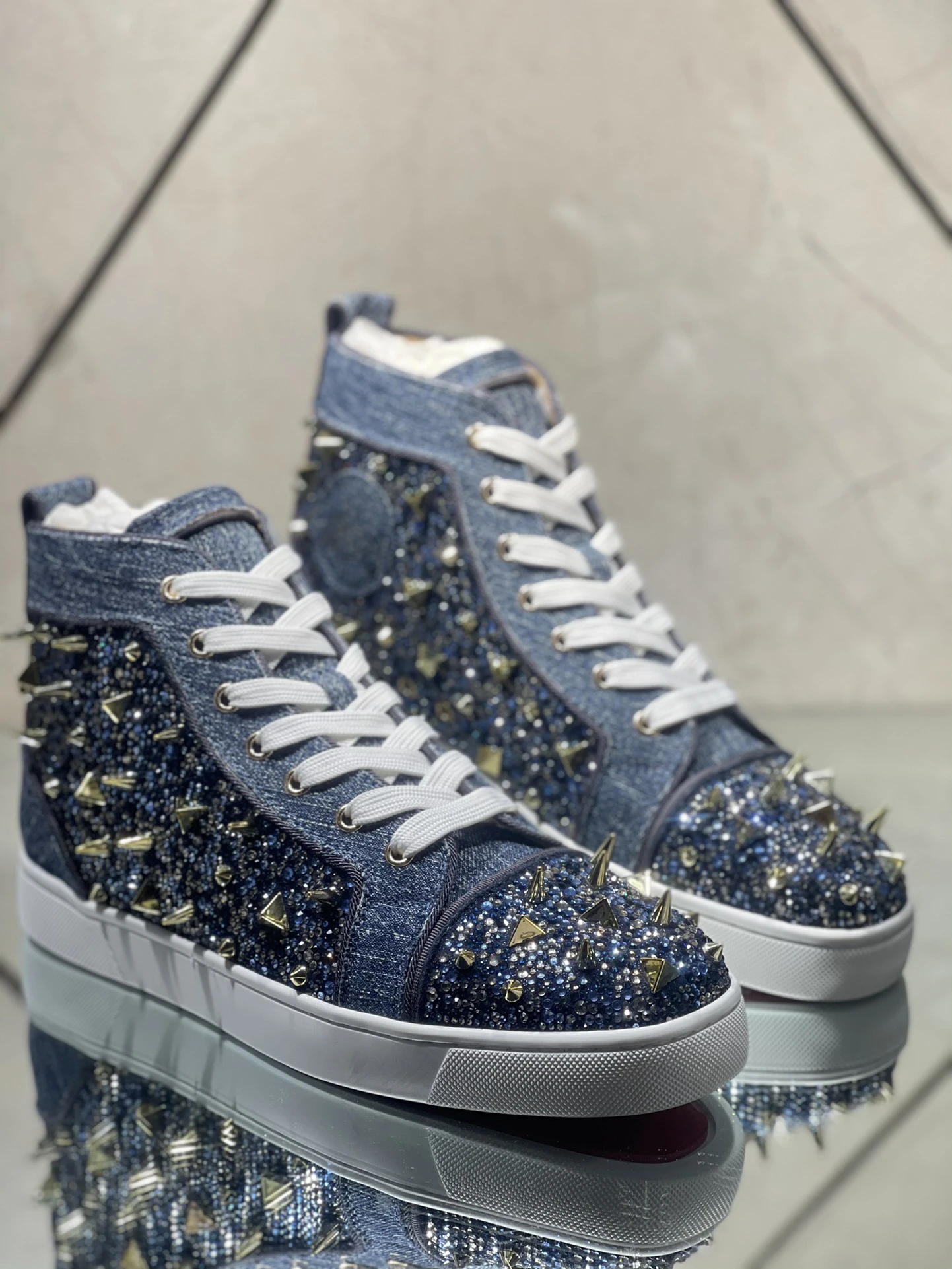 New High top Shoes Denim Rivets Red Bottom Trend Brand Men Sneakers ...
