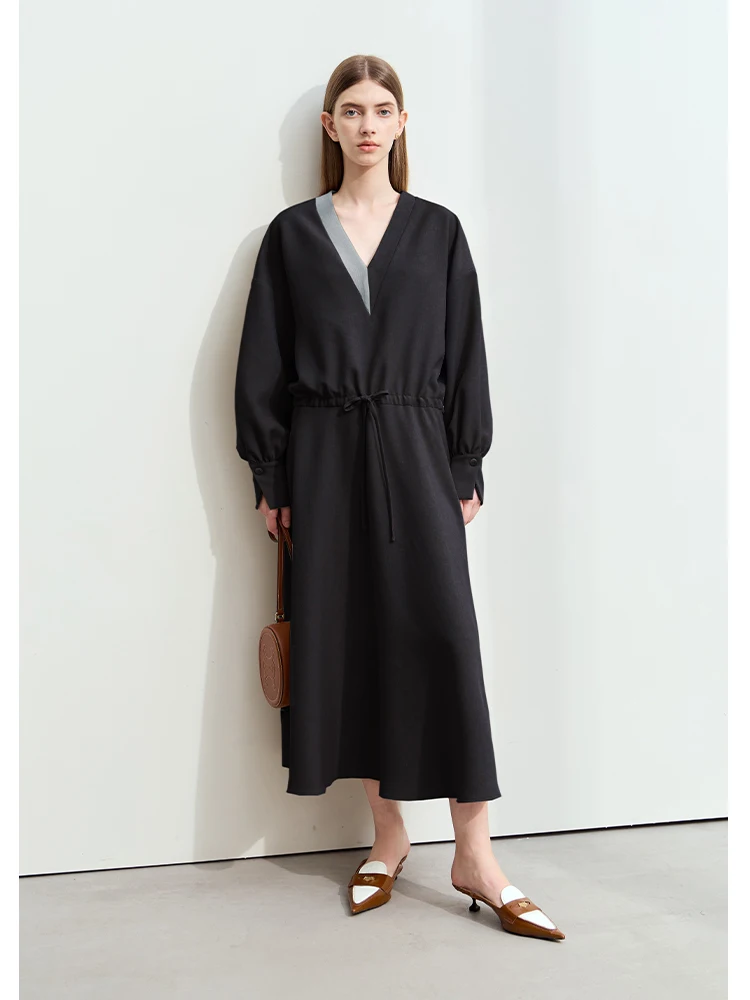 AMII Minimalist Women's Commuter Dresses Color Splicing V-neck Draw ...