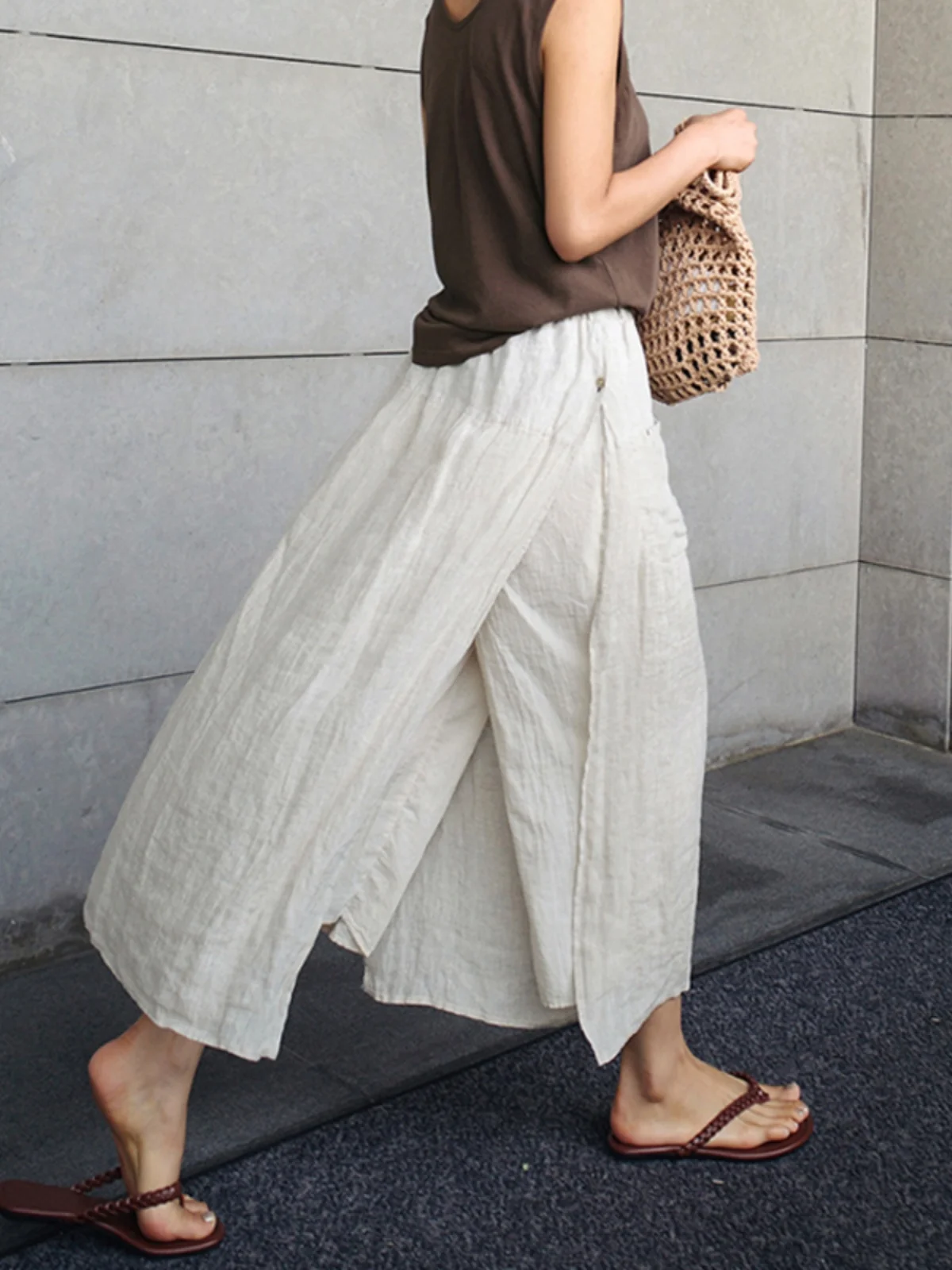 Artistic-Retro-Elegant-Capri-Culottes-Women-Thin-Fake-Two-Piece-Cotton ...
