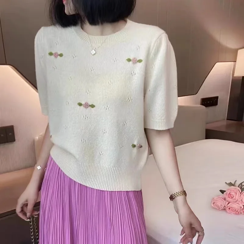 2024-New-Women-s-Summer-Solid-Color-Flower-Embroidered-Round-Neck ...