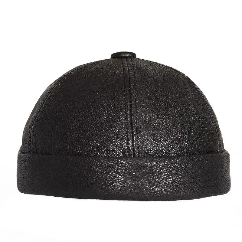 Retro-Real-Leather-Hat-Chinese-style-Hat-Sheepskin-Cap-Brimless-Hat ...