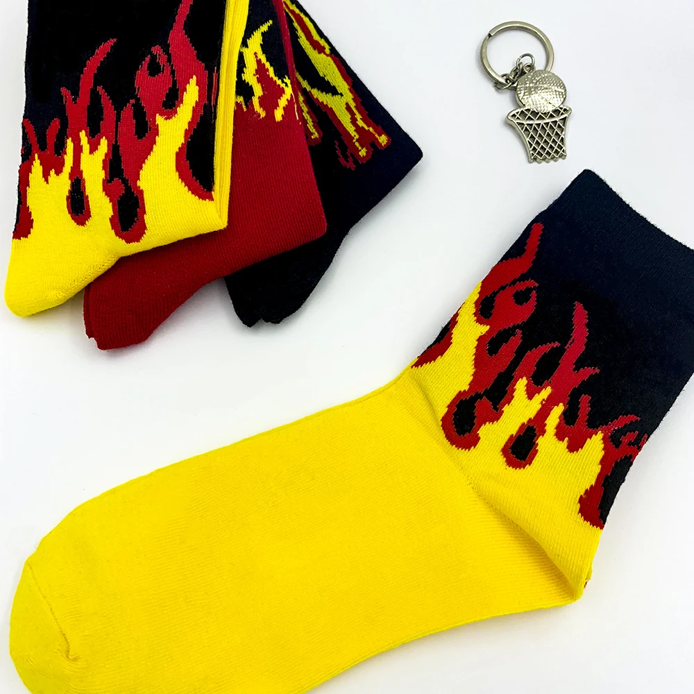 Men Fashion Hip Hop Hit Color on Fire Crew Socks Red Flame Blaze Power ...