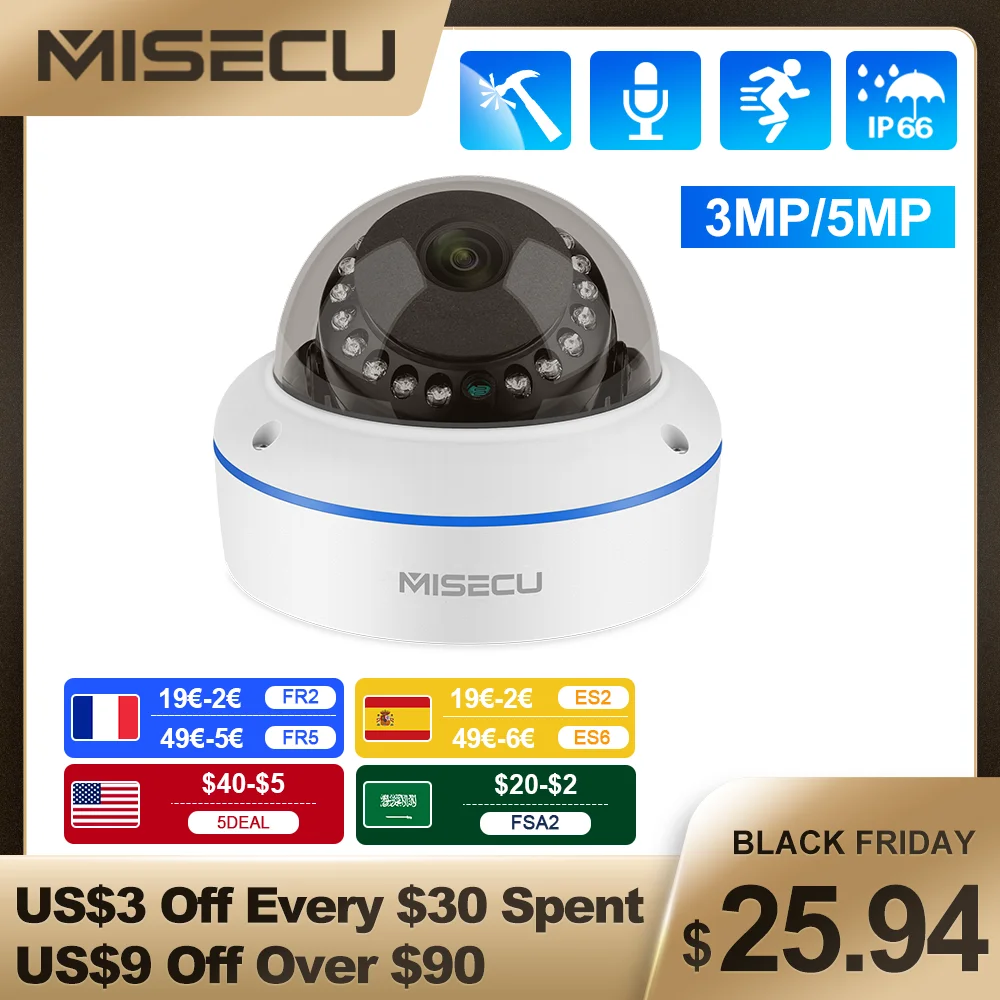 MISECU 3MP 5MP POE IP Camera Indoor Dome Camera Vandalproof Audio Record Home Security Camera ...