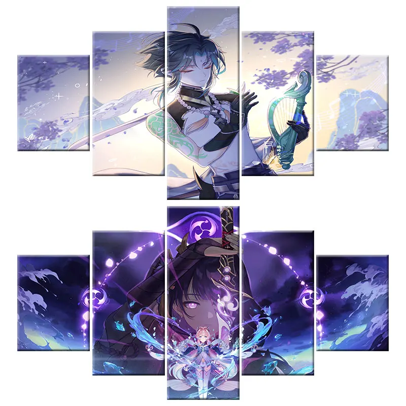 Genshin Impact Anime Game 5 Panels Poster Figures Elf Zhongli Walnut ...