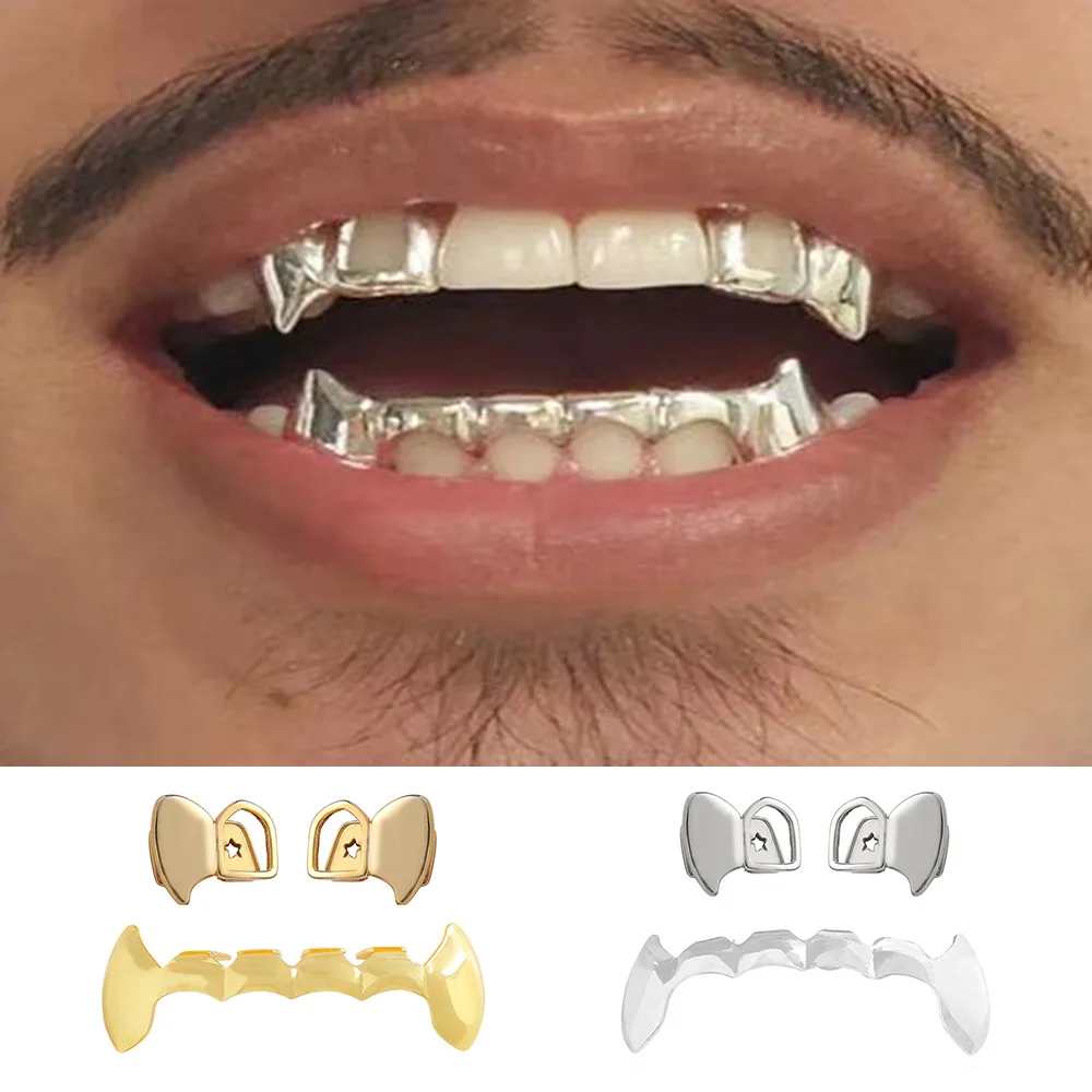 YOUNGX Hip Hop DIY Double Hollow Teeth Grillz Fangs Top Bottom Glossy ...