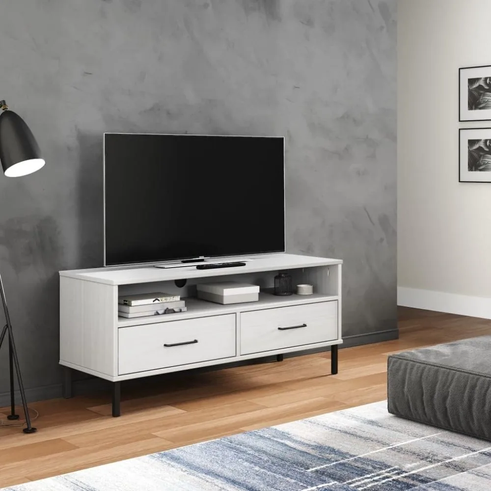 TV Stand with Metal Legs White Solid Wood Pine Oslo,Rustic Pine Wood TV ...