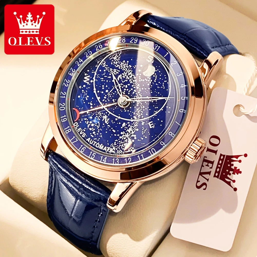 OLEVS Original Mechanical Watch for Men 43.5mm Dial Luminous Starry Sky ...