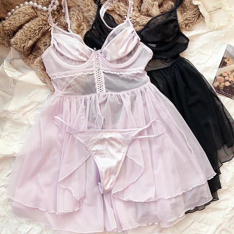 Sexy-Lingerie-Mesh-Satin-Backless-Nightgown-Soft-Steel-Ring-Top-Push-Up ...