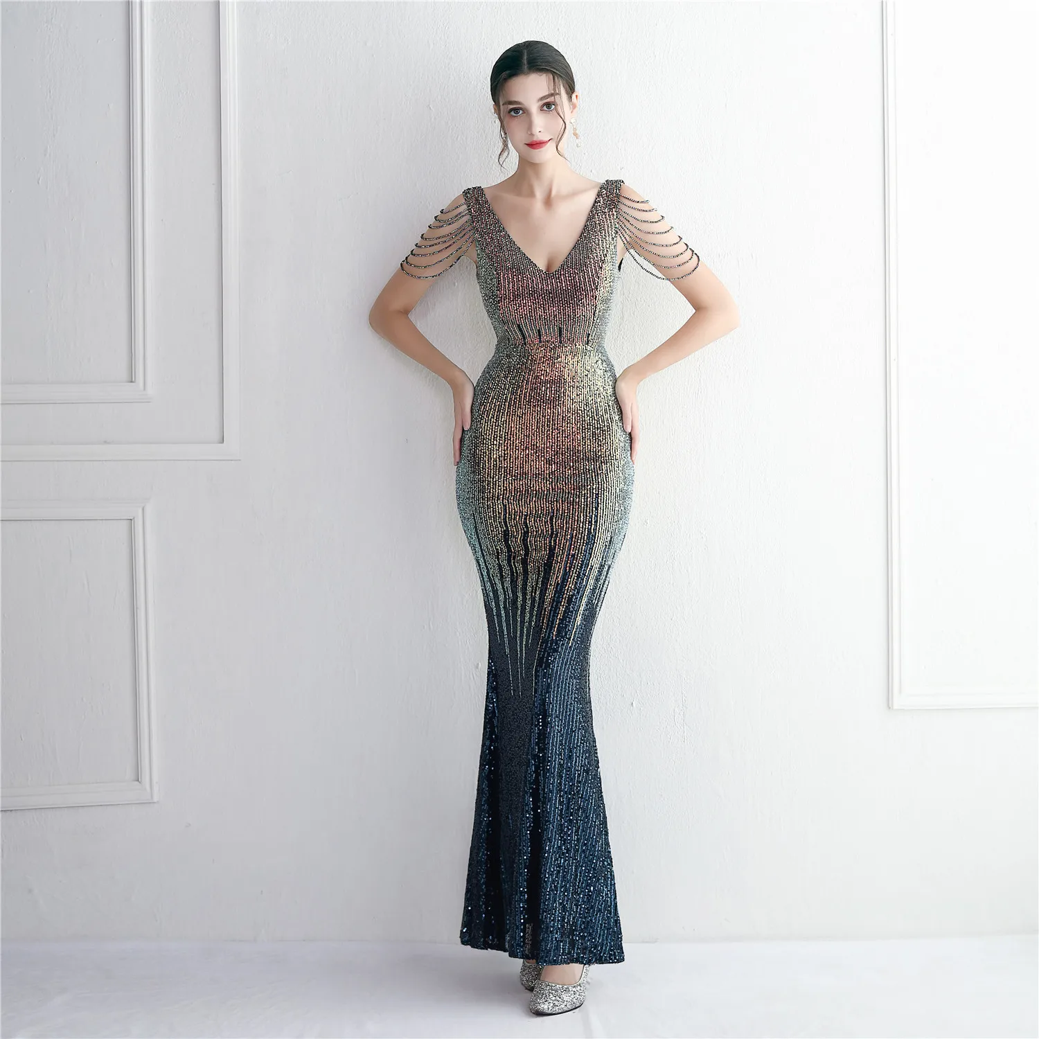 Mixed color bead technology bead party dress long banquet slimming ...