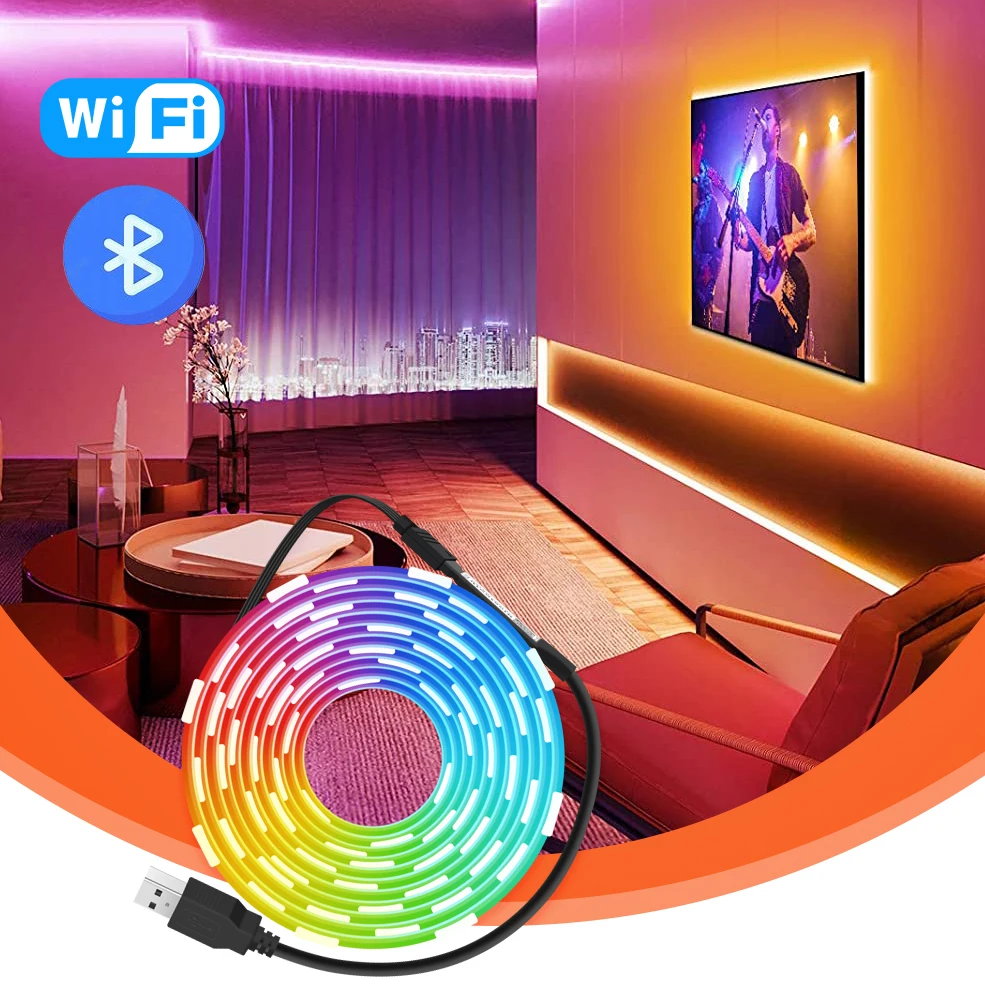 Tuya luzes de tira led usb wifi/bluetooth controle 5v ws2812b rgb 5050 1m 5m flexível lâmpada ...