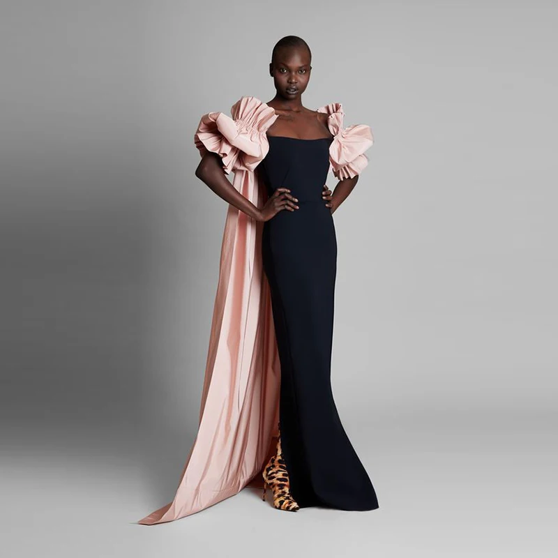 Pink-And-Black-Cape-Style-Evening-Gowns-Saudi-Arabia-Satin-Mermaid-Prom ...