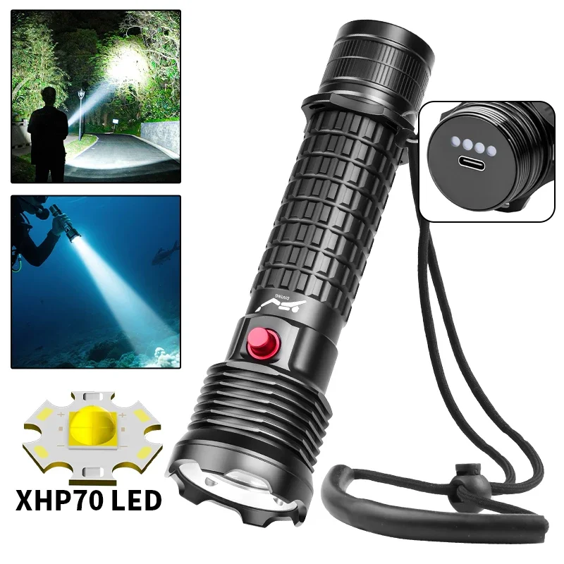 Diving Flashlight Rechargeable Strong Light XHP70 Focus Dive Torch ...
