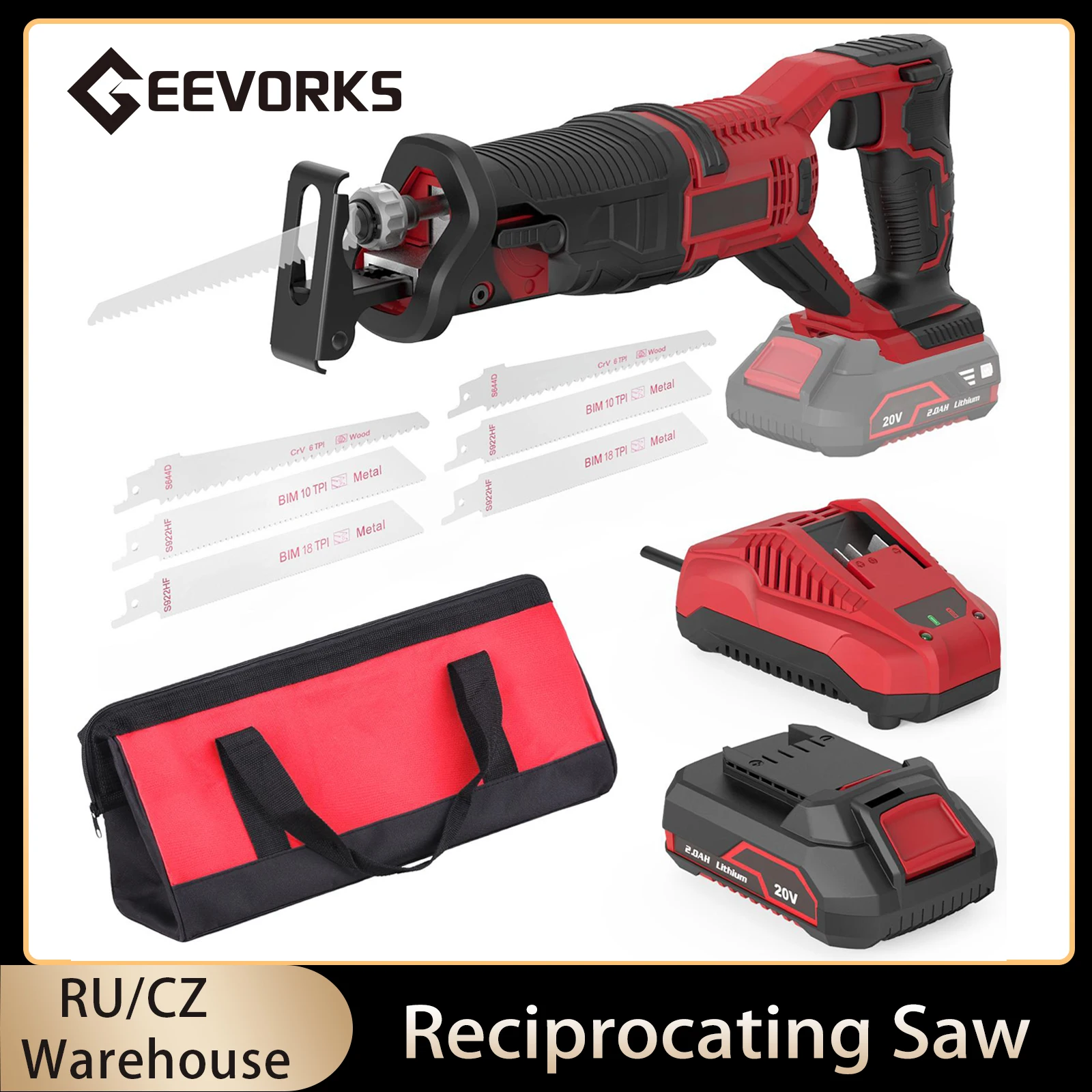 Geevorks Sierra alternante inalámbrica, 20V, batería de litio 2.0Ah ...