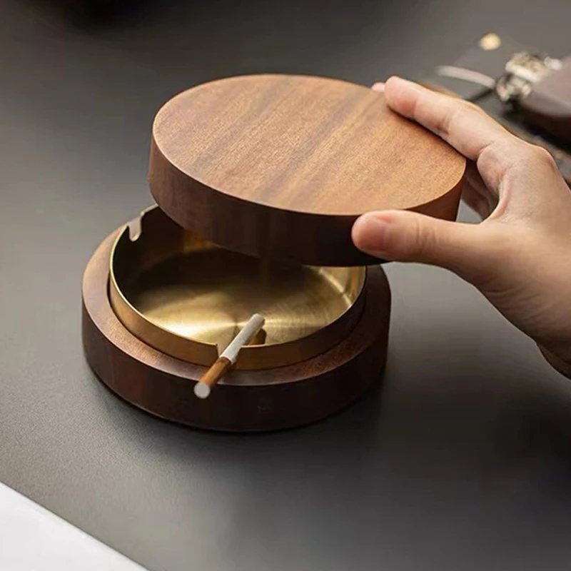 Walnut Wood Ashtrays With Lid Covered Windproof Ashtray Stainless Steel ...