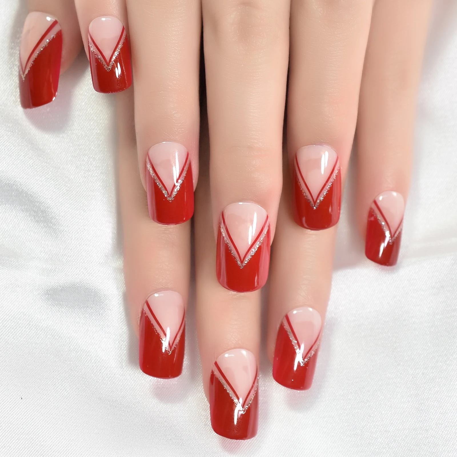 V Shape Square Fingernails Press On Nails Short Red Color With Glitter ...