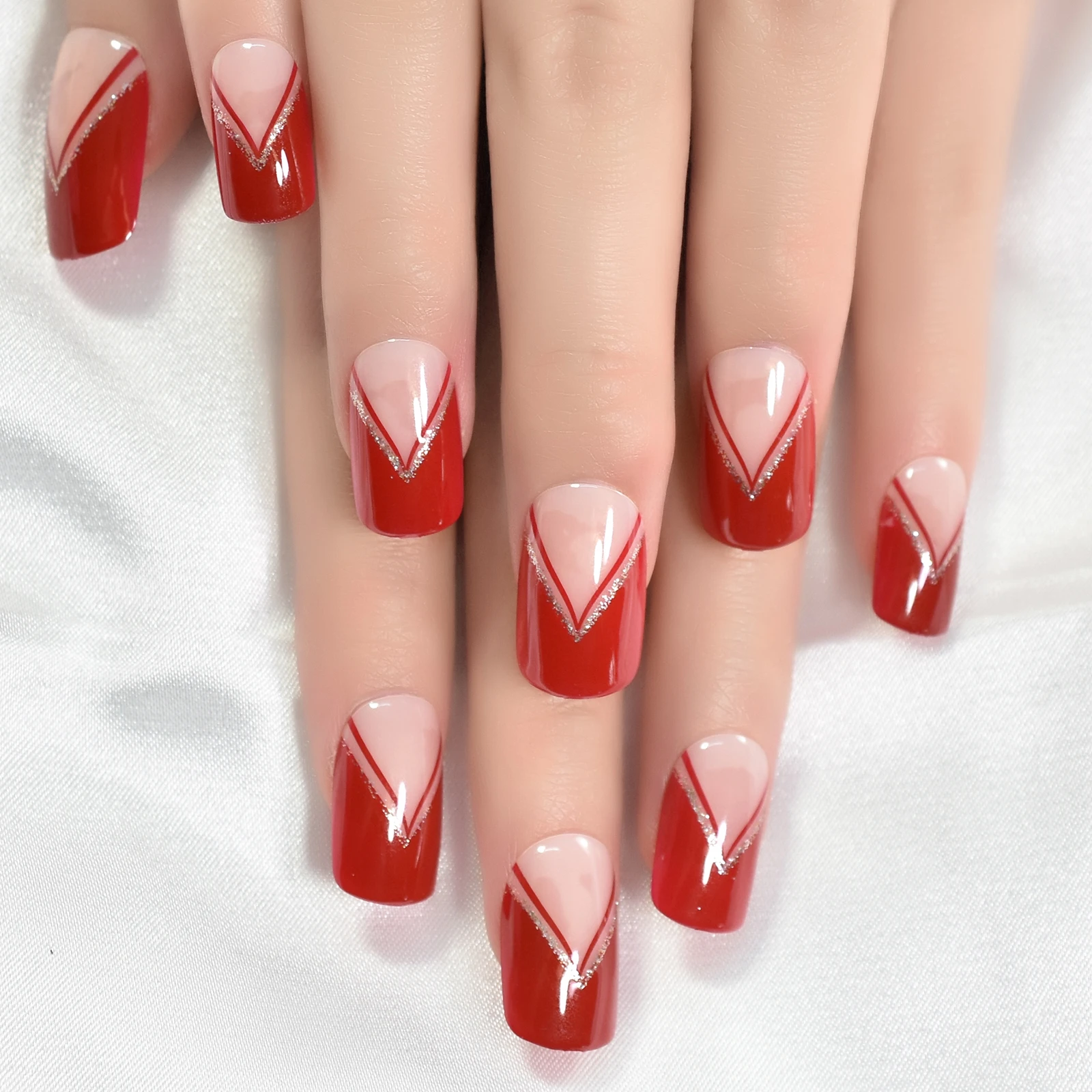V Shape Square Fingernails Press On Nails Short Red Color With Glitter ...
