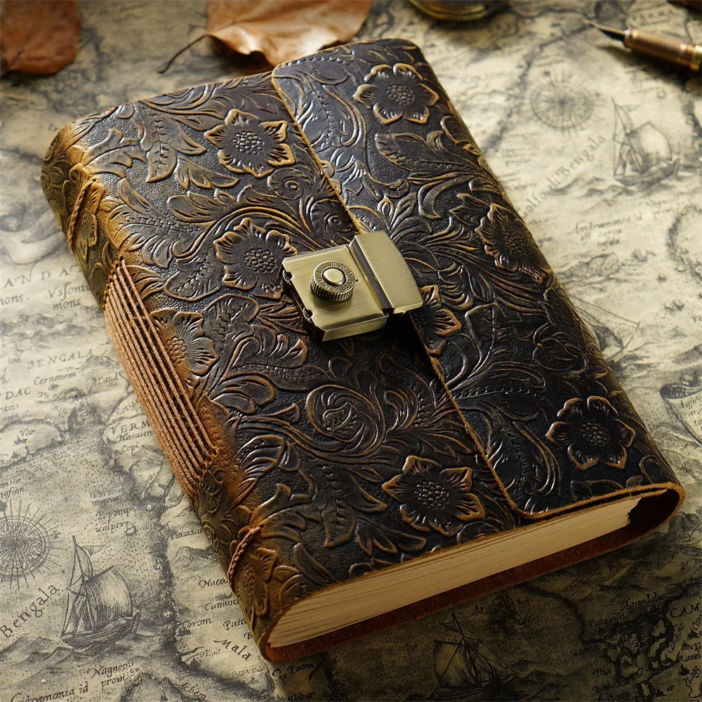 A5-Password-Journal-Cowhide-Genuine-Leather-Cover-Thick-Note-Book-Metal ...