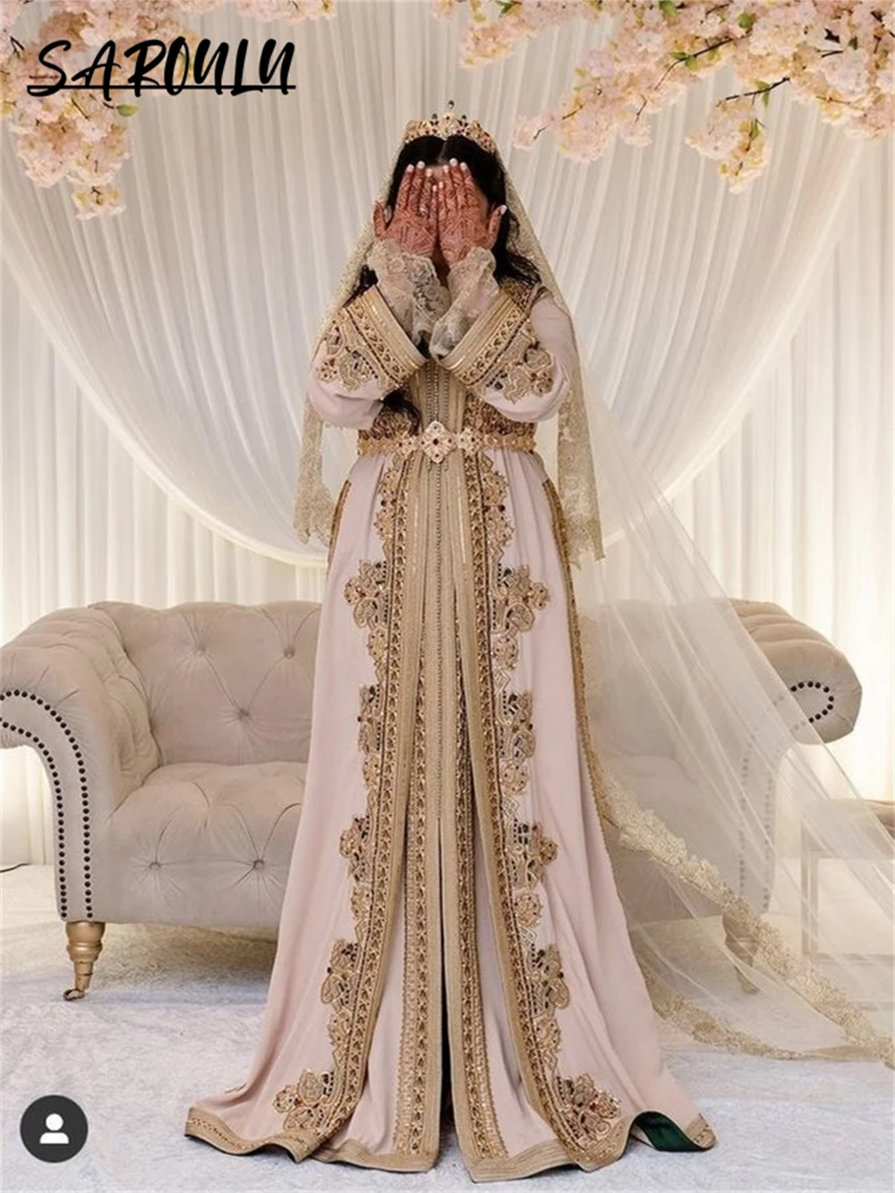 Morrocan-Pink-Prom-Dress-With-Belt-Gold-Lace-Appliqued-Muslim-Long ...