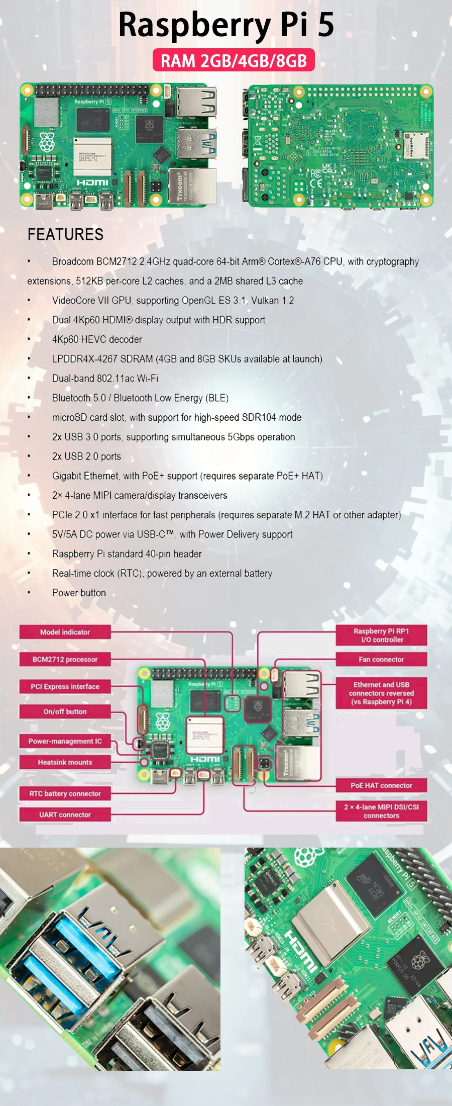 Оригинальный Raspberry Pi 5 Cortex-A76 Linux 2 ГБ 4 ГБ 8 ГБ Arm Board Python программа PCIe ...