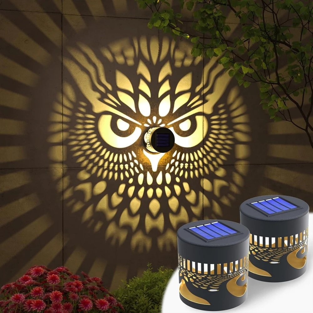 Solar Fence Lights Metal Solar Powered Owl Projector Lamp Outdoor Wall ...