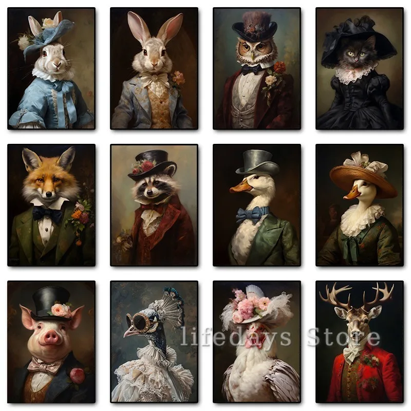 Victorian Animal Portrait Poster Peacock Raccoon Chicken Rabbit ...
