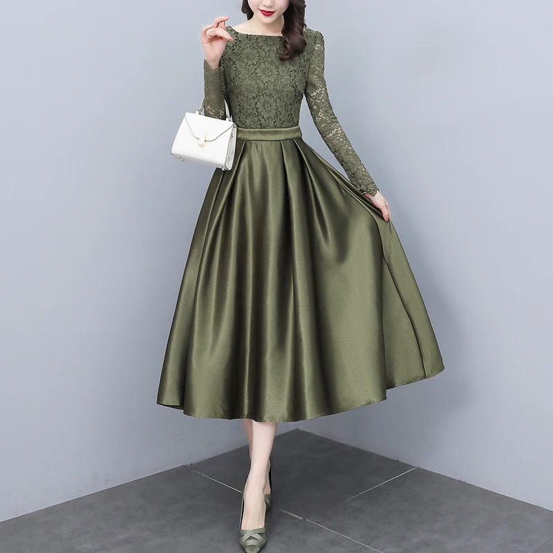 Elegant Retro Long Sleeve Lace Splice Dress Fashion Mid Length Spring ...