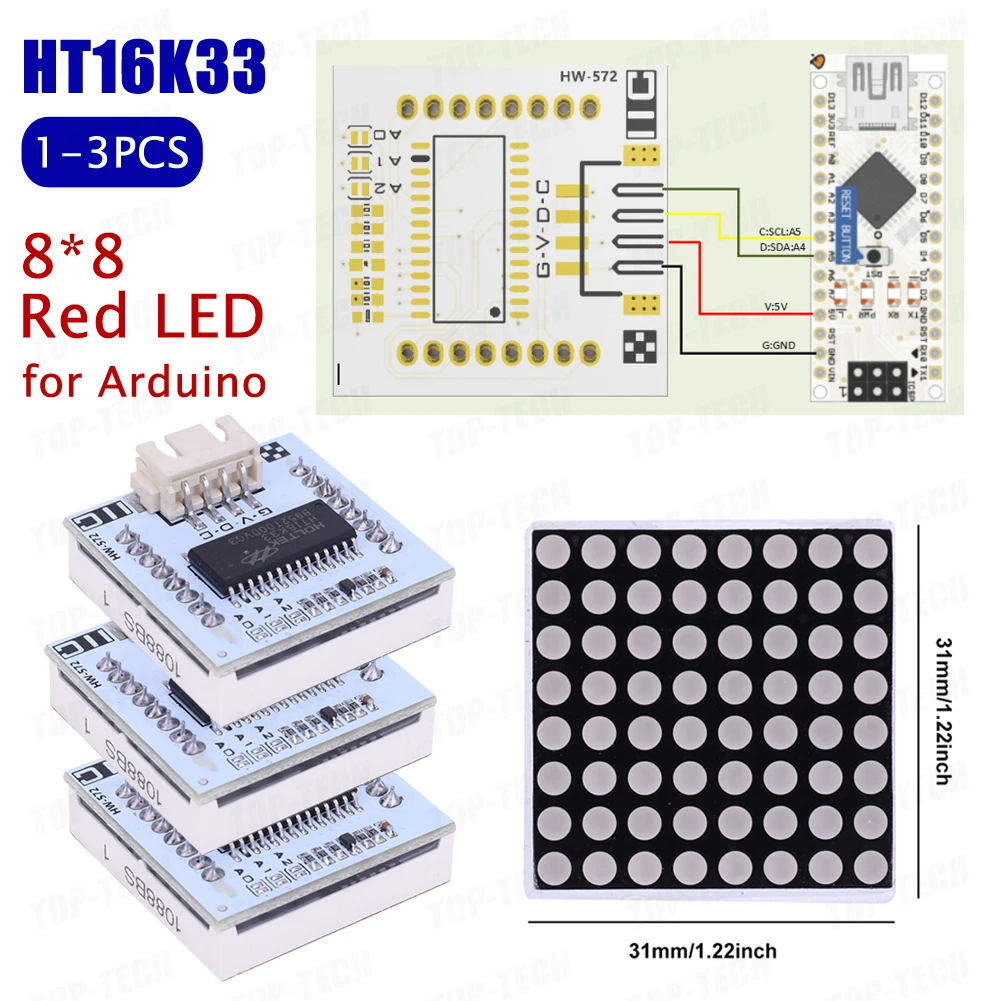 1 3pcs Ht16k33 Led Matrix Display Module Board 8 8 1088as Red