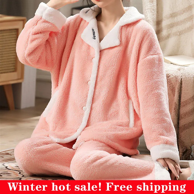 Ensemble de pyjamas chauds en glouton pour femmes, manches longues ...