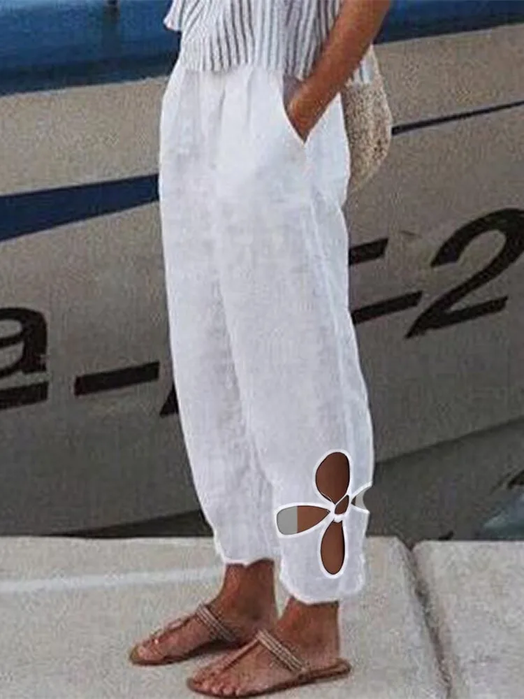 Cotton Linen Solid Women Pants Fashion New Hollow Out Pockets Ladies ...