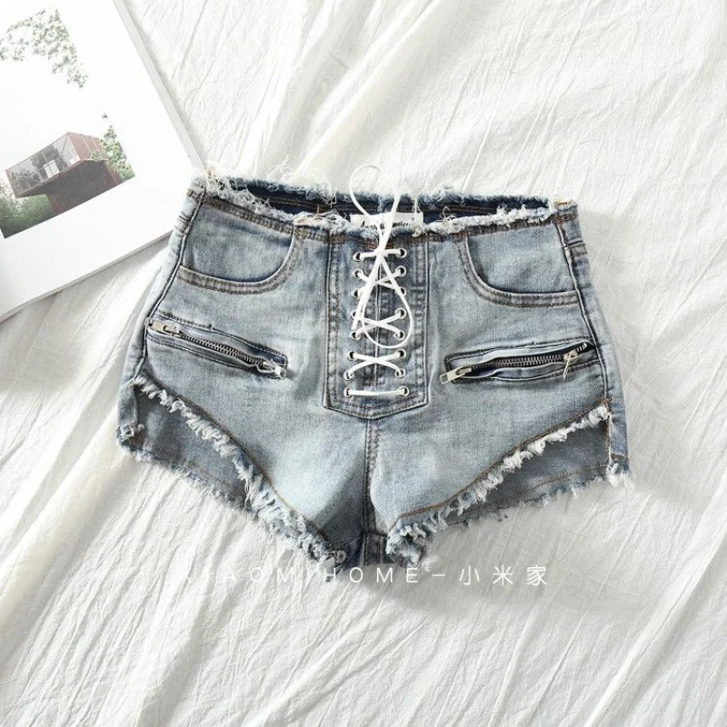 New Fashion Design High Waist Slim Denim Shorts Women's Strappy Hip ...