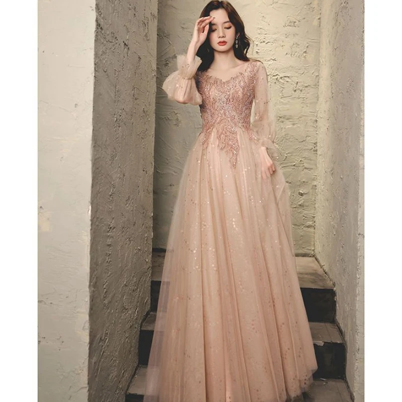 F145 Shiny Full Sleeve Evening Dress Girl Sequins Tulle Gown Eleagnt ...