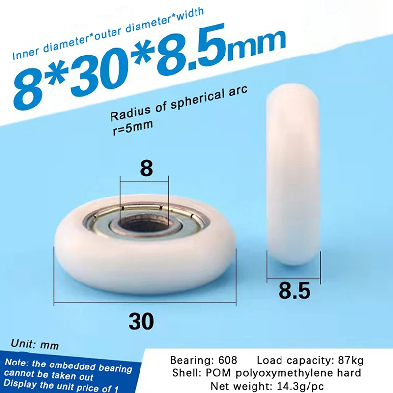 8-5-8-30mm-Nylon-Round-Type-Roller-608-Rubber-coated-Bearing-Arc-Type ...