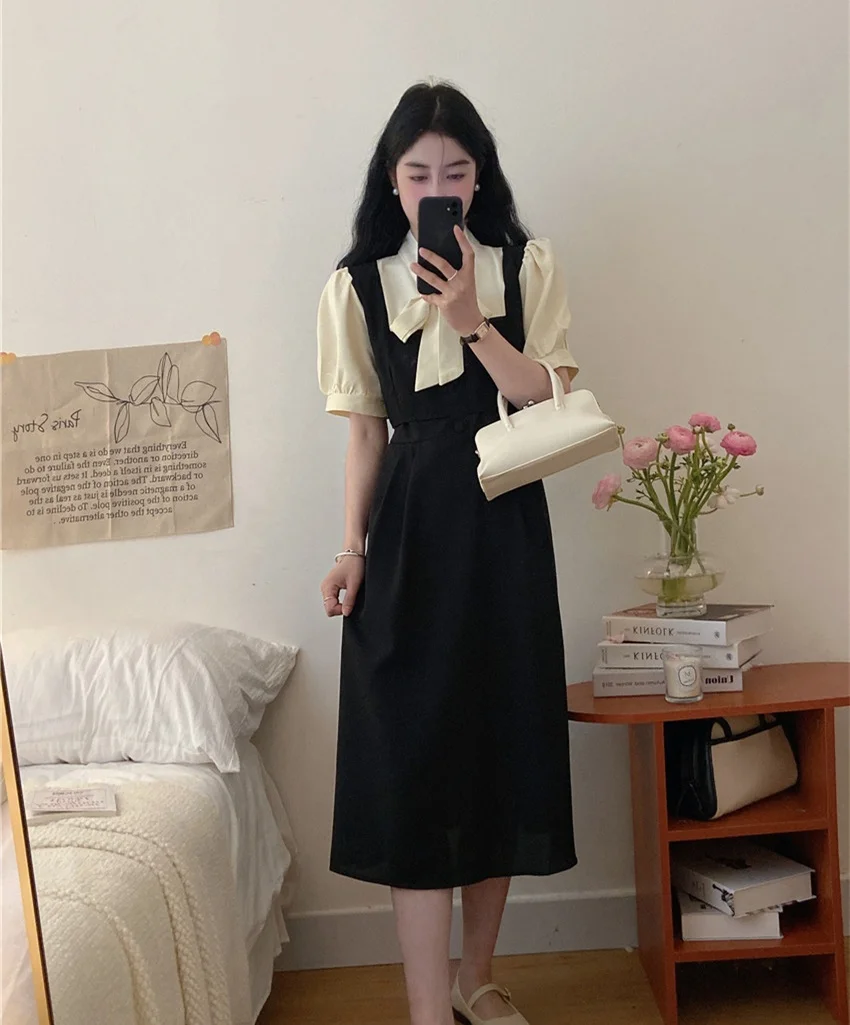 헵번 스타일 레이스업 스퀘어 칼라 블랙 반팔 원피스 드레스 여성 의류 여름 신상 허리 포옹 슬리밍 중간 길이 스커트 패션