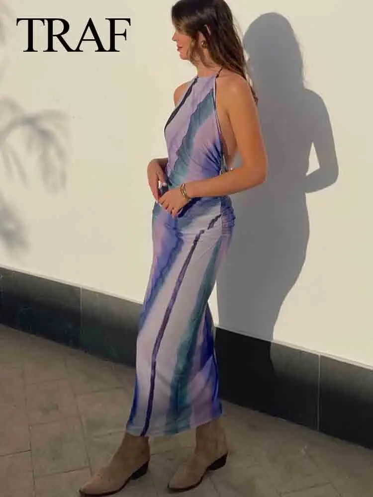 TRAF vestido largo drapeado de tul con espalda descubierta para mujer ...