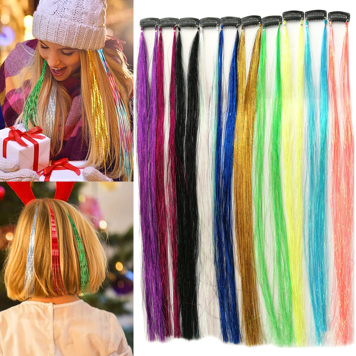 Sparkle-Hair-Tinsel-Clips-Rainbow-Colored-Strands-Girls-Headwear ...
