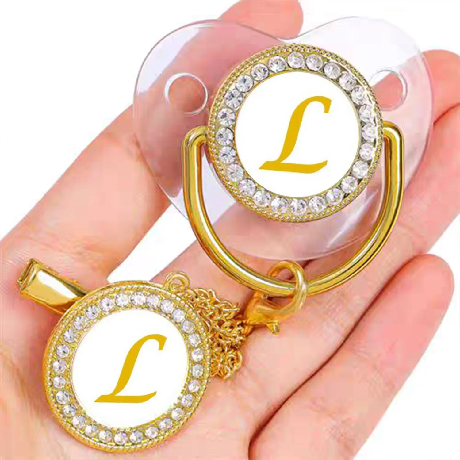 Gold-clear-26-letter-diamond-encrusted-pacifier-Pacifier-with-dust-cap ...