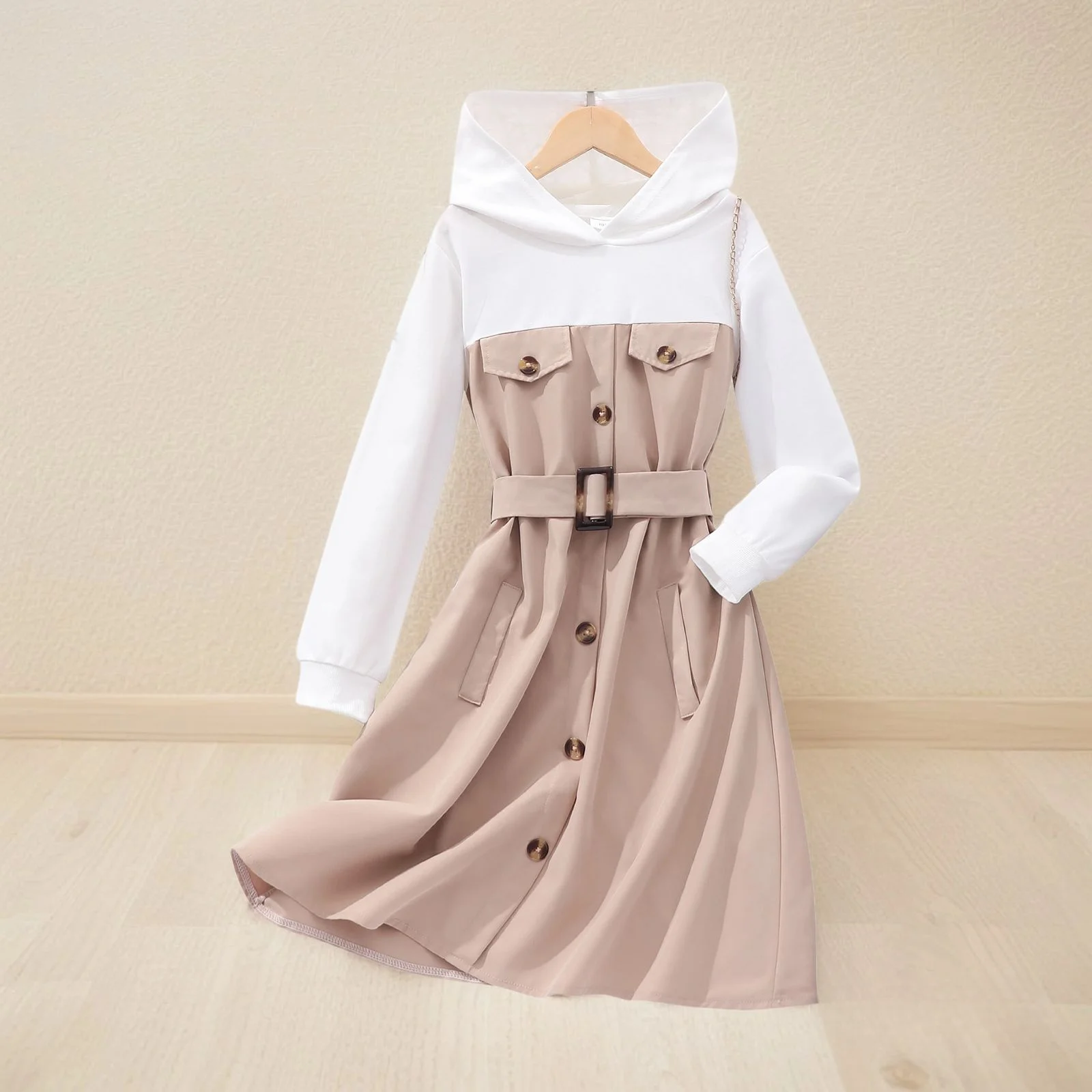 New-Hooded-Dress-for-Girl-Clothes-Autumn-Winter-Belt-Button-Khaki ...