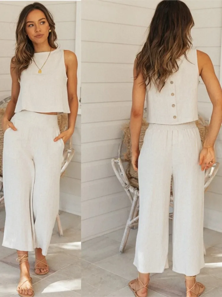 Summer-Women-s-Solid-Top-Shirt-2-Piece-Set-Fashion-O-neck-Sleeveless ...