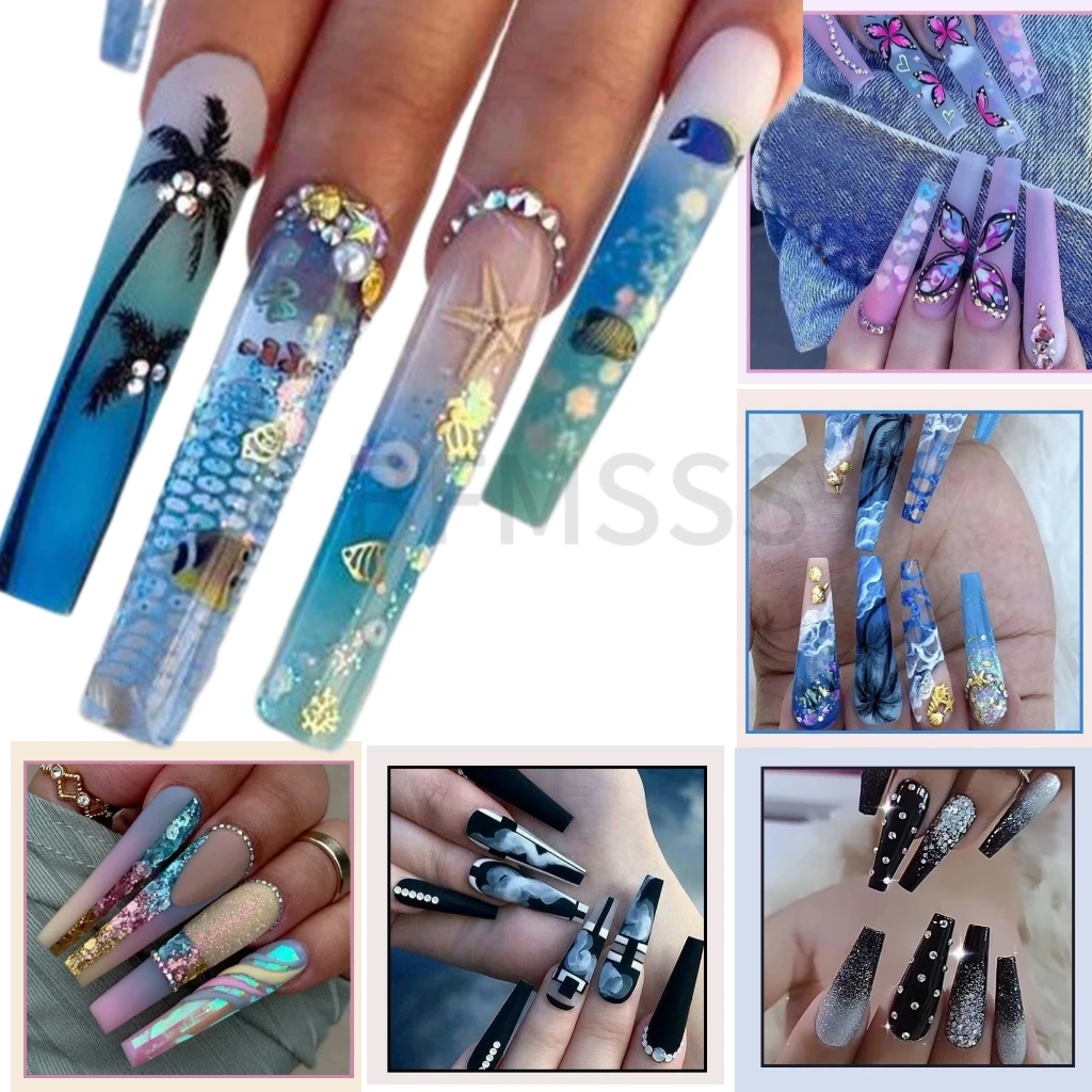 24pcs-box-Long-Fake-Nail-Coconut-butterfly-Marble-Grain-Fashion-Hand ...