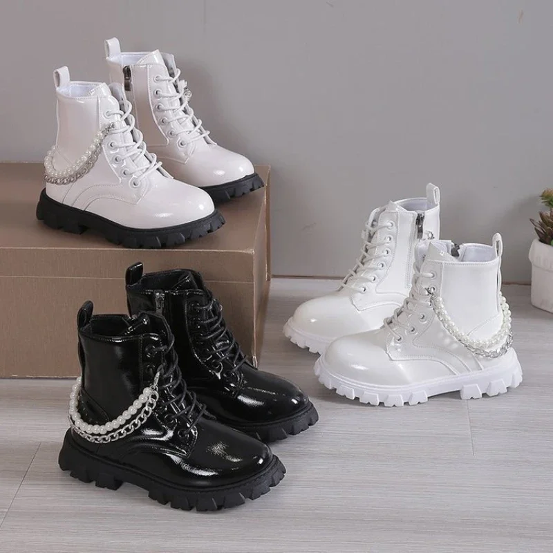 Girls-Pearls-Ankle-Boots-White-High-Top-Fashion-Shoes-Kid-Chain-Leather ...