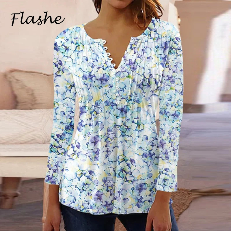 Spring Summer Button Shirt Blouse Women V Neck Long Sleeve Flower Print ...