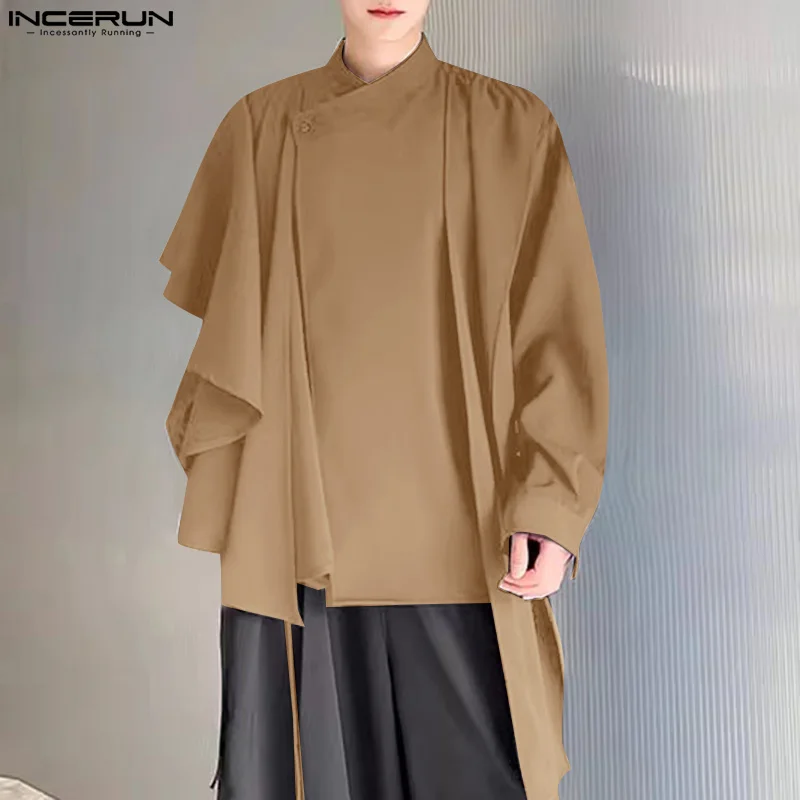 Men-Irregular-Shirt-Solid-Color-Stand-Collar-Long-Sleeve-Men-Clothing ...