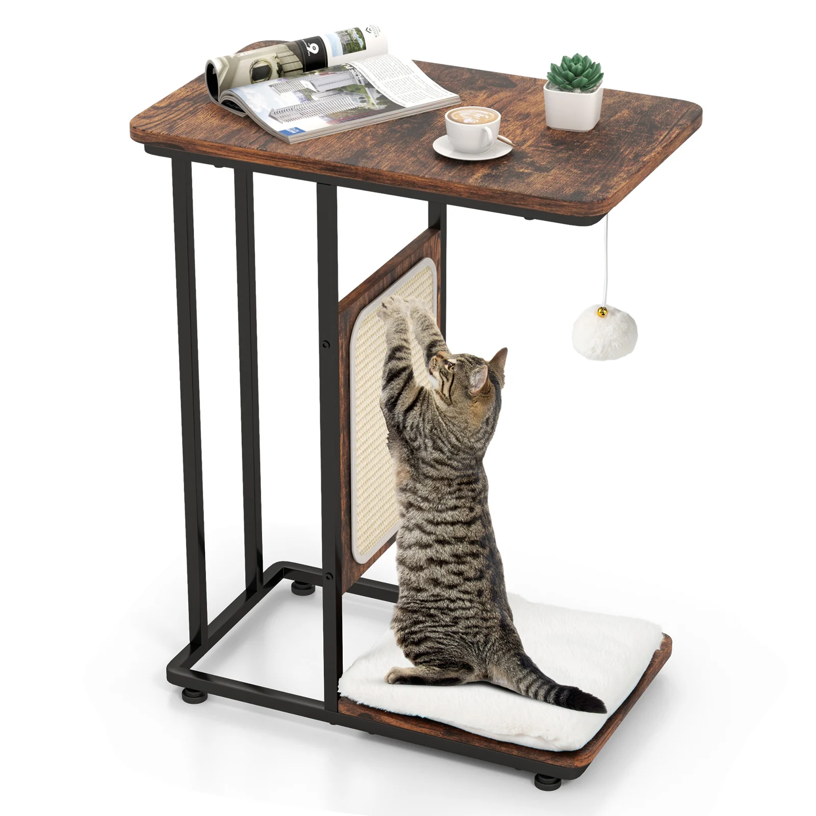 GOFLAME Cat Tree & End Table, C- Shaped Cat Side Table w/ Scratching ...
