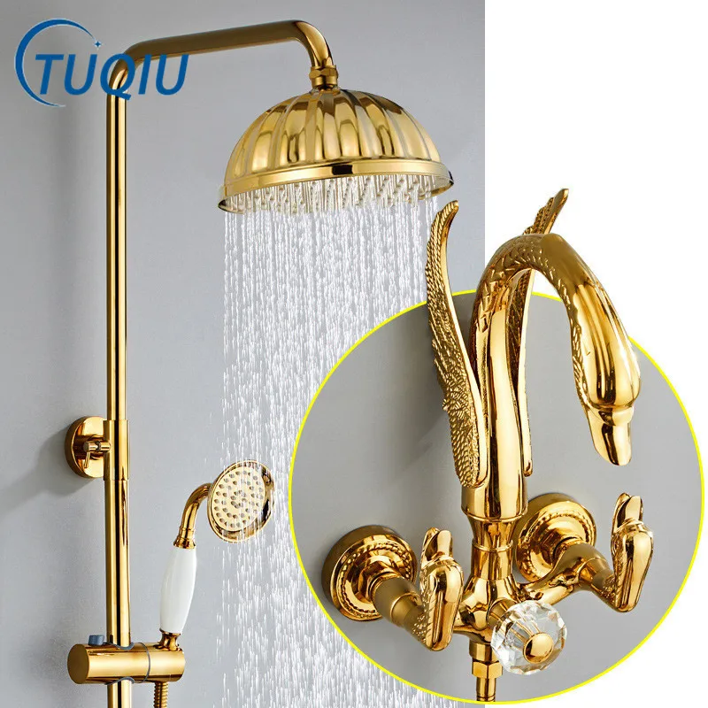 Tuqiu-Bathroom-Shower-Faucet-Set-Gold-Swan-Bathroom-Rainfall-Shower-Mixer-Tap-Polished-Gold ...