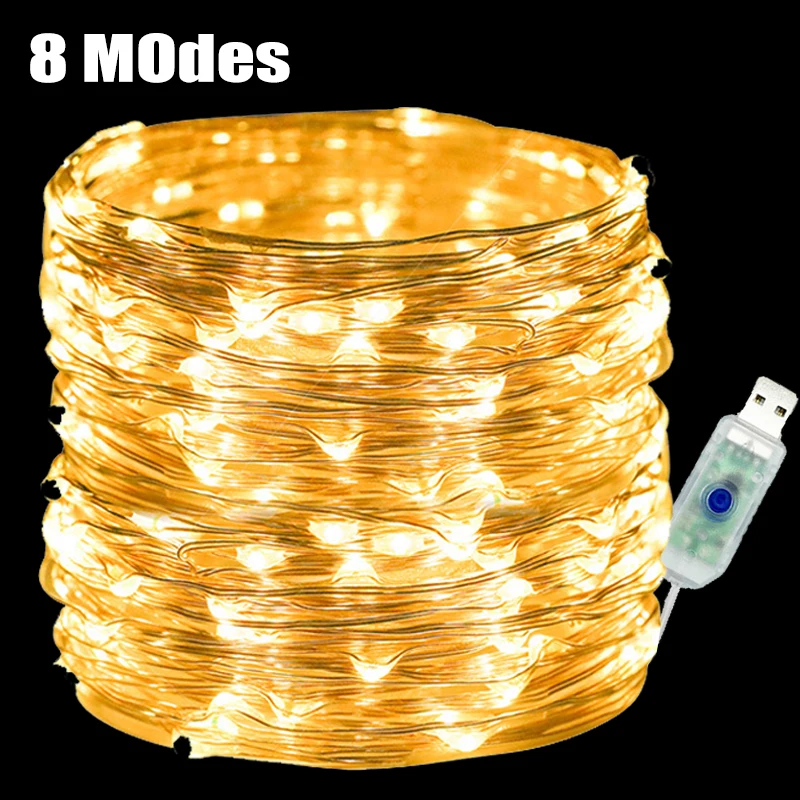 8 Modes 100LED Fairy Lights USB Copper Wire Waterproof Garland Light ...