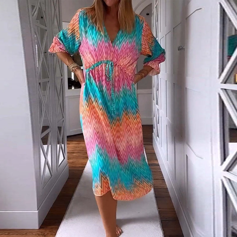 Casual-Loose-3-4-Sleeve-Drawstring-Tie-up-Long-Robe-Sexy-V-Neck-Party ...