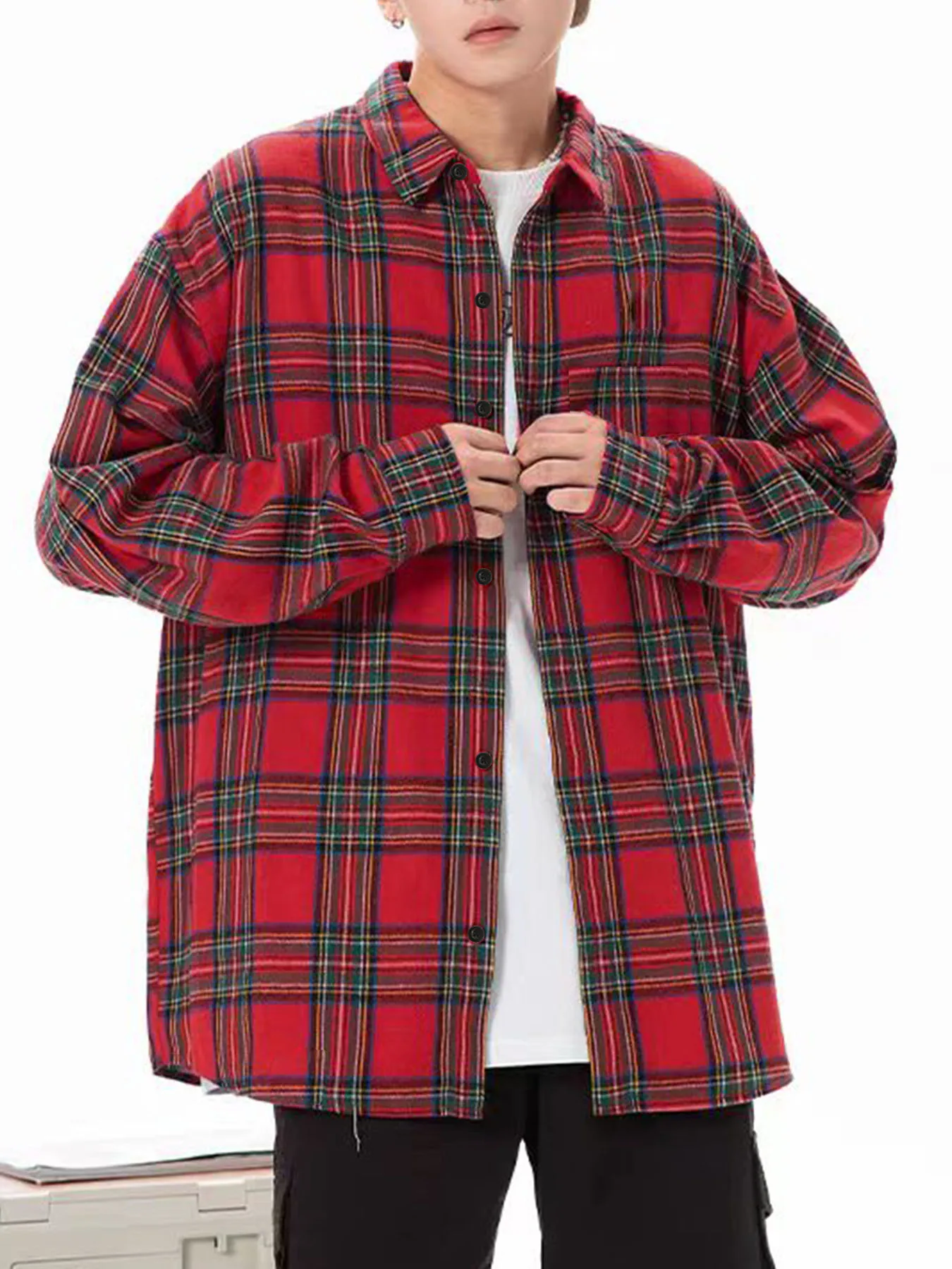 Brushed Red Plaid Shirt Men's Spring & Fall American Retro Long-Sleeved ...